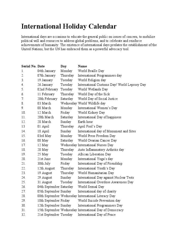 UN International Days Calendar | PDF | Wellness | Medical