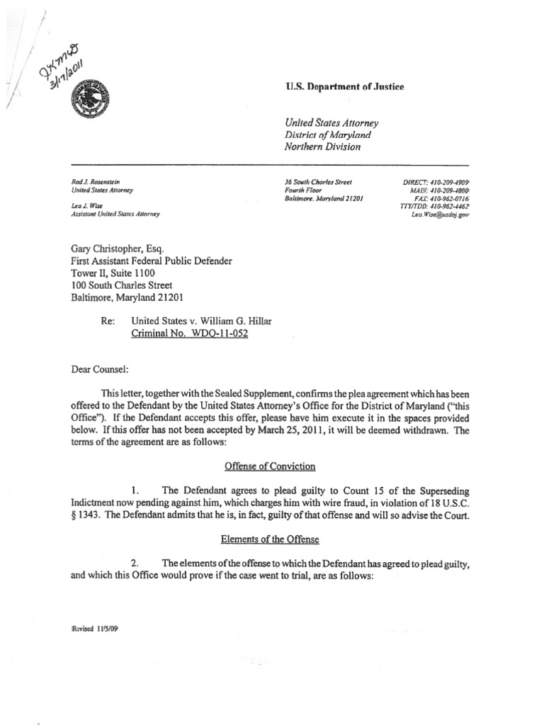 Plea Agreement for William G. Hillar | PDF | United States Federal ...