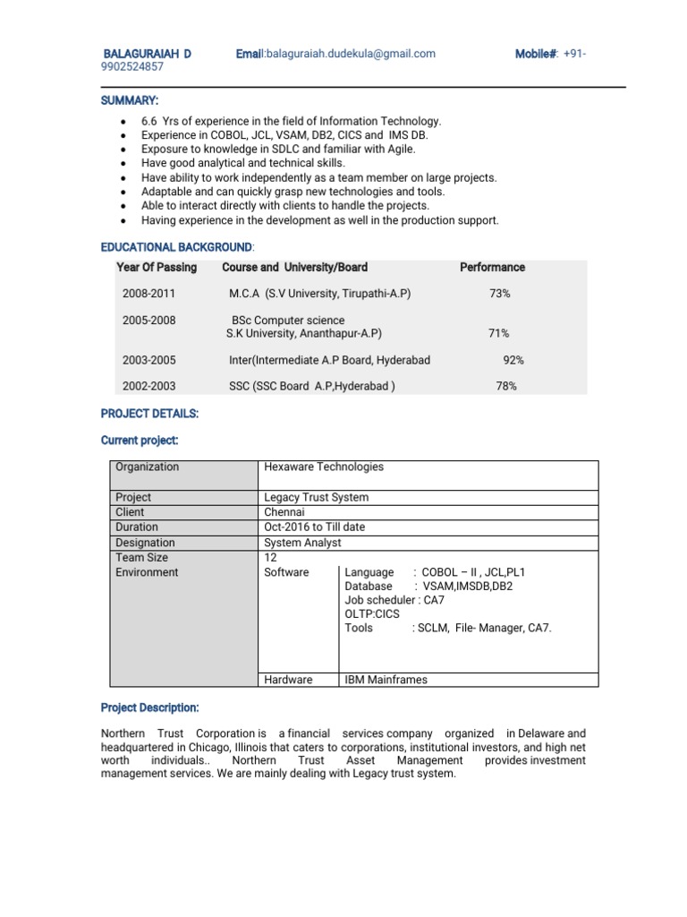 Bala Resume - Mainframe Developer | PDF | Data Management | Data ...