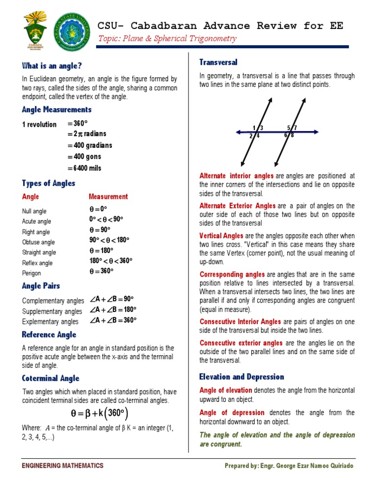 Plane and Spherical Trigonometry Reviewer | PDF | Triangle | Trigonometric Functions