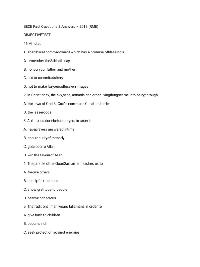 BECE RME Objective Test 2012-WPS Office | PDF