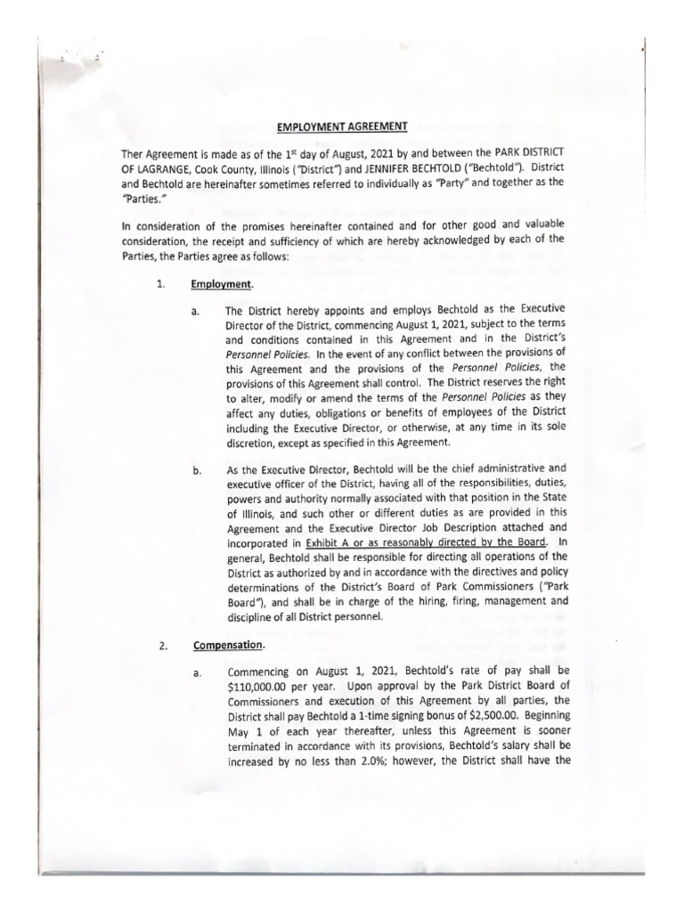 Jenny Bechtold Employment Agreement With Park District of La Grange | PDF