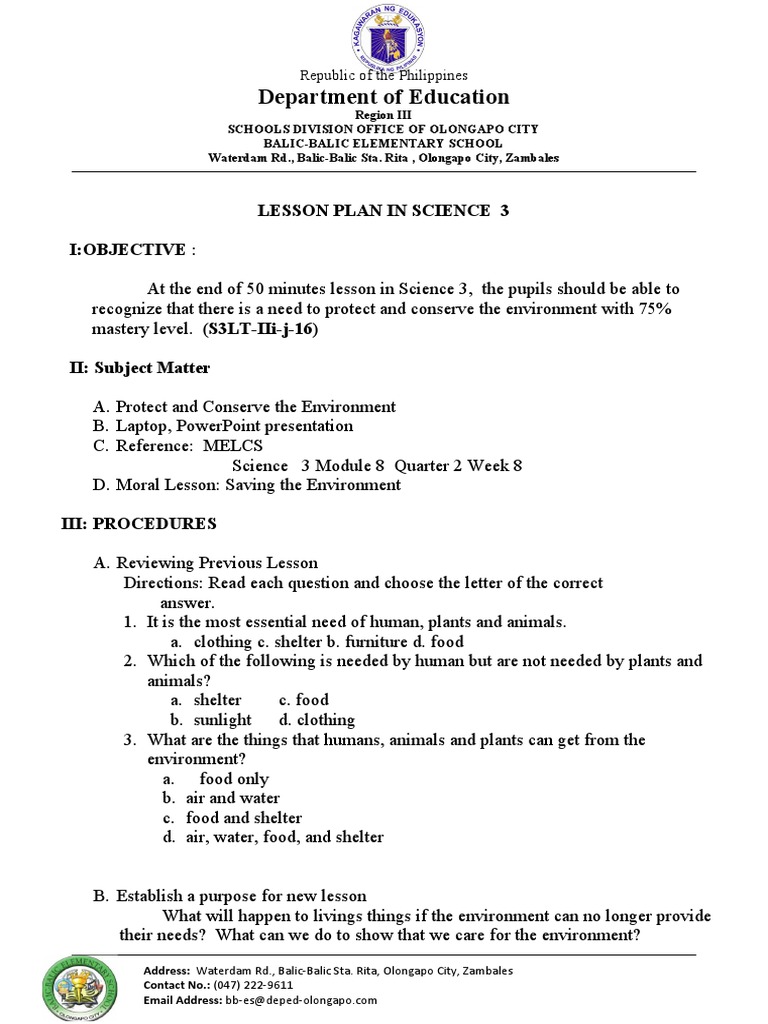 Department of Education: Lesson Plan in Science 3 I:Objective | PDF ...