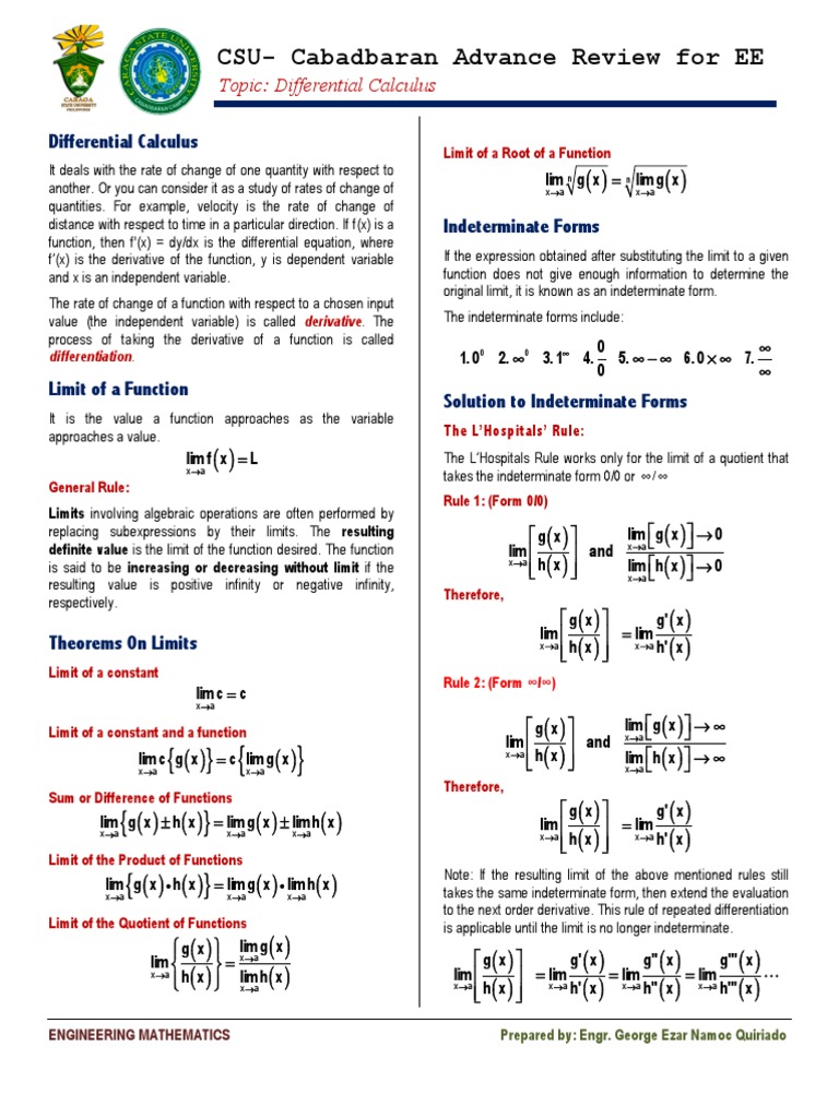 CSU-Cabadbaran Advance Review For EE: Topic: Differential Calculus ...