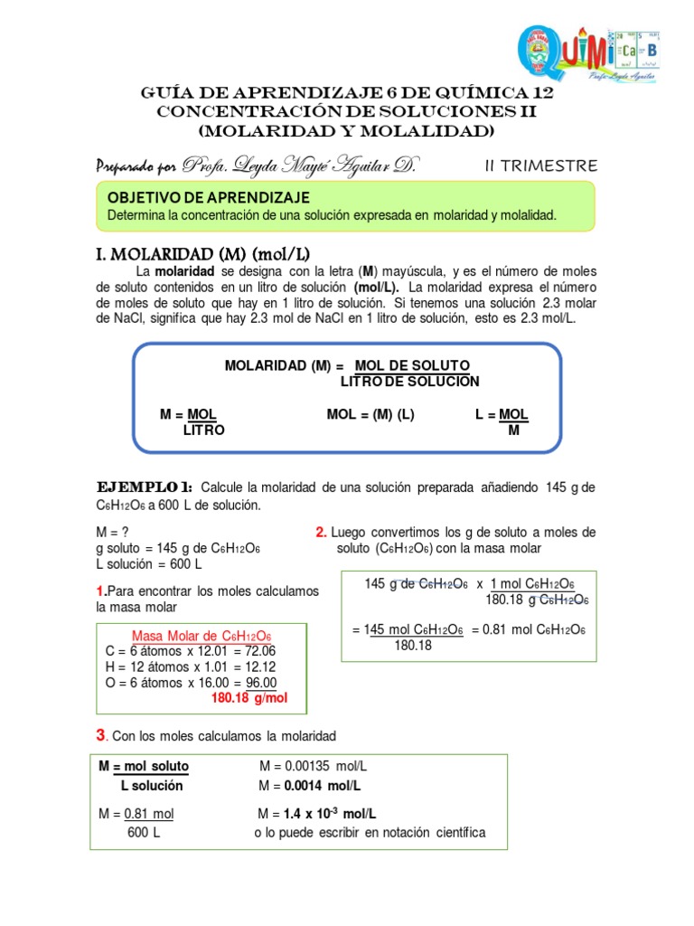 Hoja De Trabajo De Molaridad Con Respuestas Guia Molaridad Molalidad
