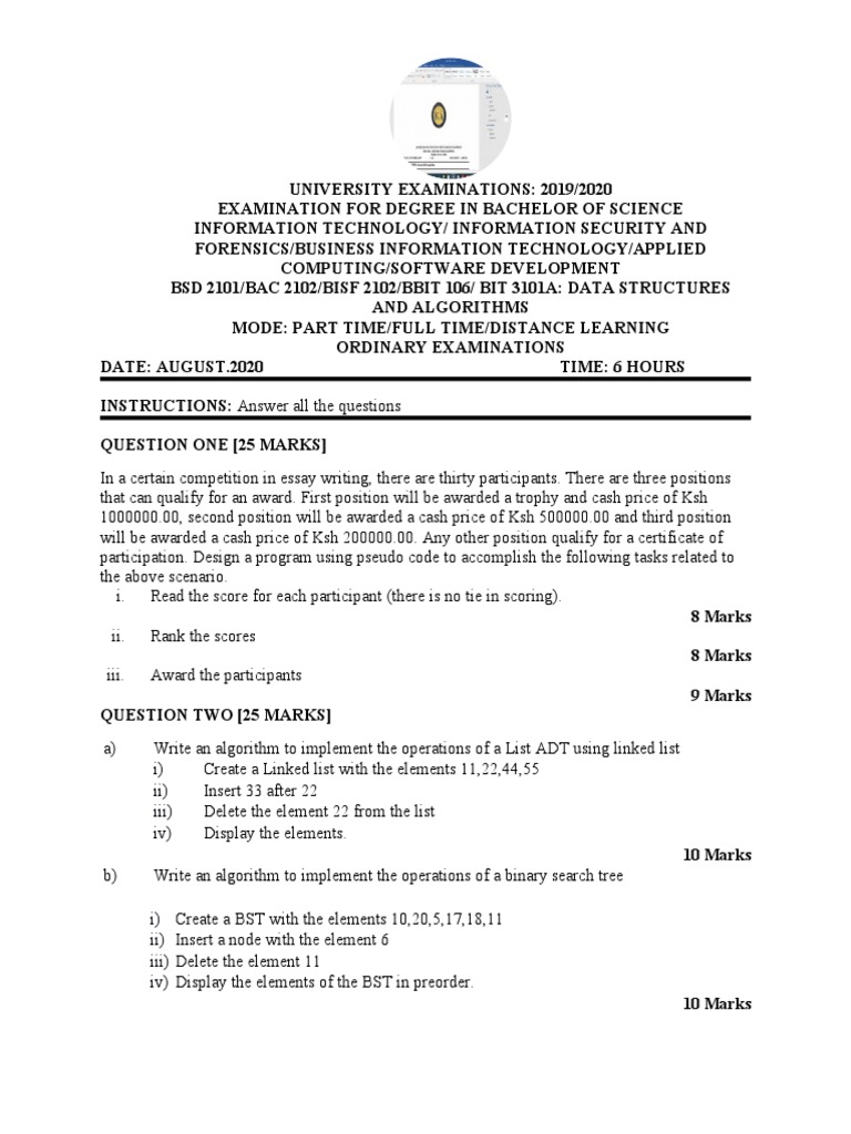 Bit 3101a BSD 2101 Bac 2102 Bisf 2102 Bbit 106 Data Structures and Algorithms | PDF ...