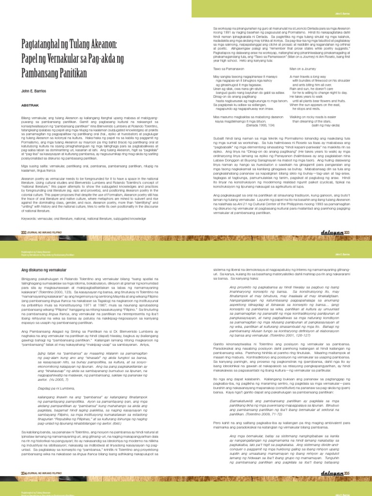 Pagtatanghal NG Tulang Akeanon Papel NG Vernakular Sa Pag-Akda NG Pambansang Panitikan | PDF