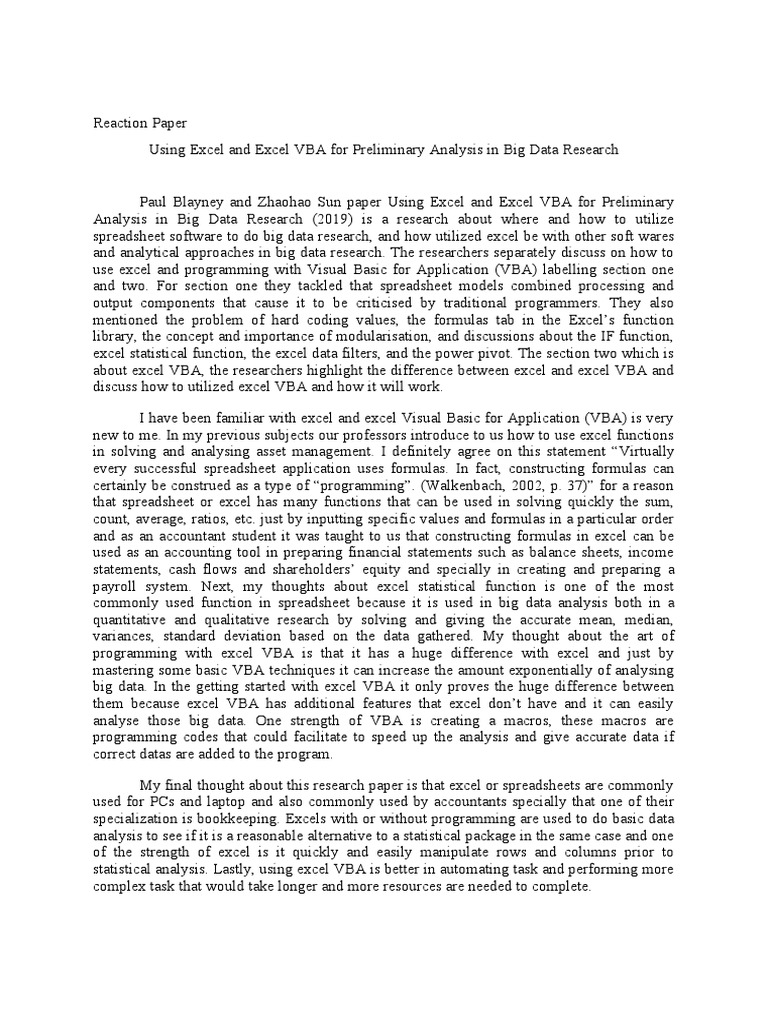 Reaction Paper - Using Excel and Excel VBA For Preliminary Analysis in Big Data Research | PDF ...