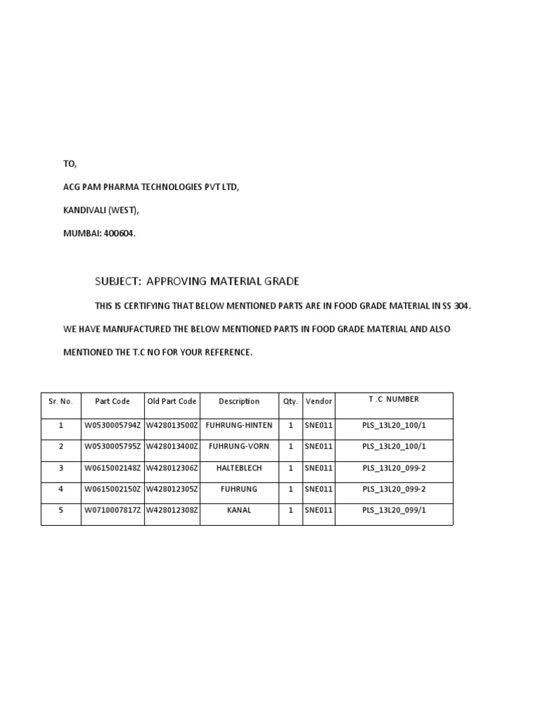 Food Grade Certificate | PDF