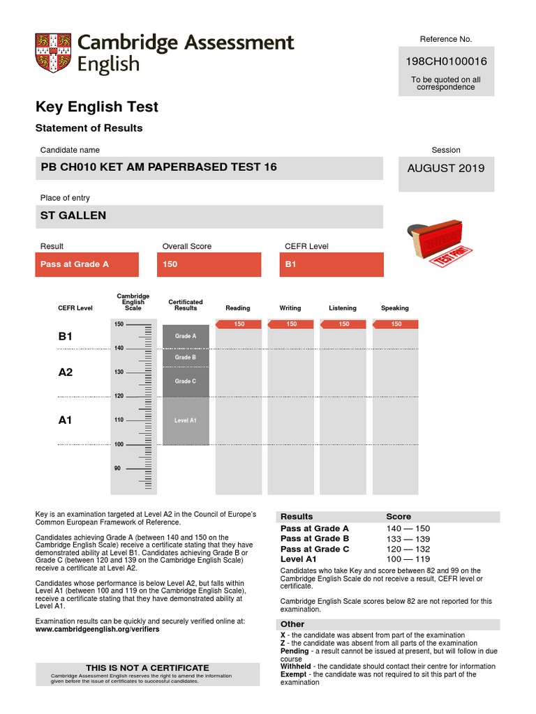 Cambridge English Key Sample Statement of Results Scale | PDF ...