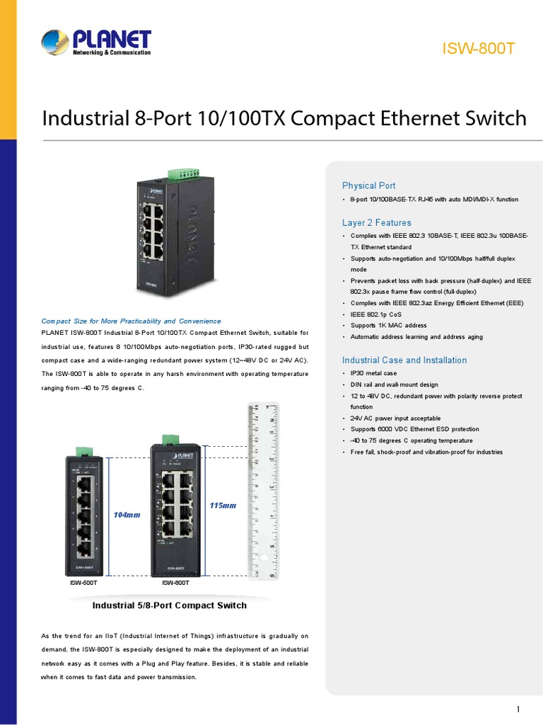 Industrial 8-Port 10/100TX Compact Ethernet Switch: ISW-800T | PDF ...