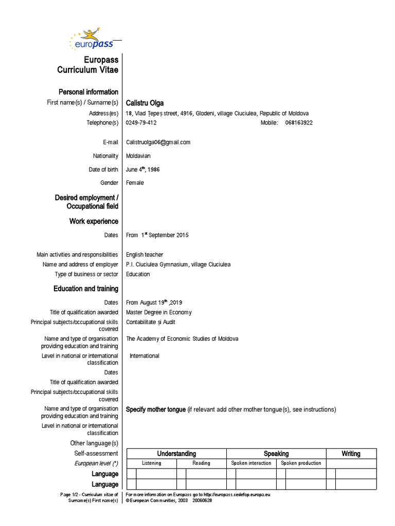 Europass Curriculum Vitae: Personal Information Calistru Olga | PDF ...