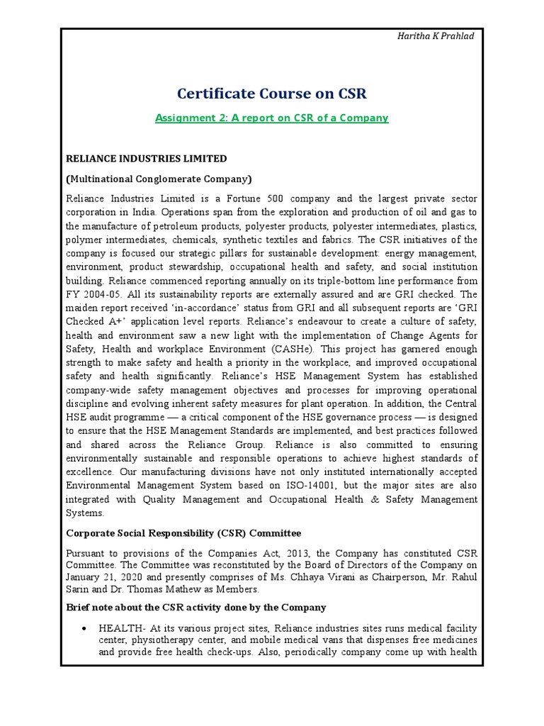 Certificate Course On CSR: Reliance Industries Limited | PDF ...
