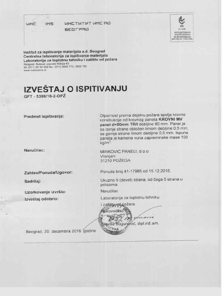 Atest Krovni Panel Mineralna Vuna D 80mm-Izvod | PDF