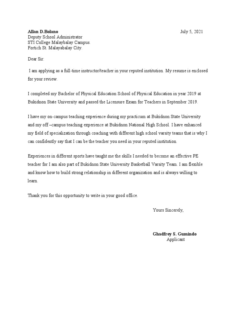 PE Teacher Job Application Letters | PDF | Physical Education | Teachers