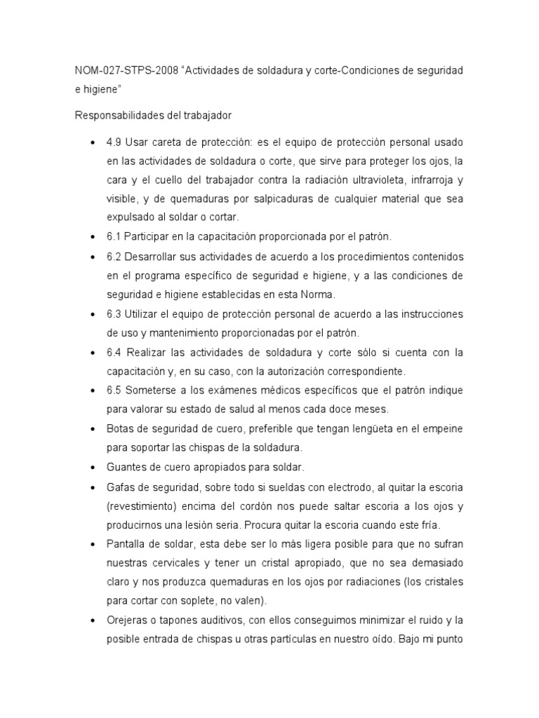 NOM-027-STPS-2008 Responsabilidad Del Trabajador | PDF