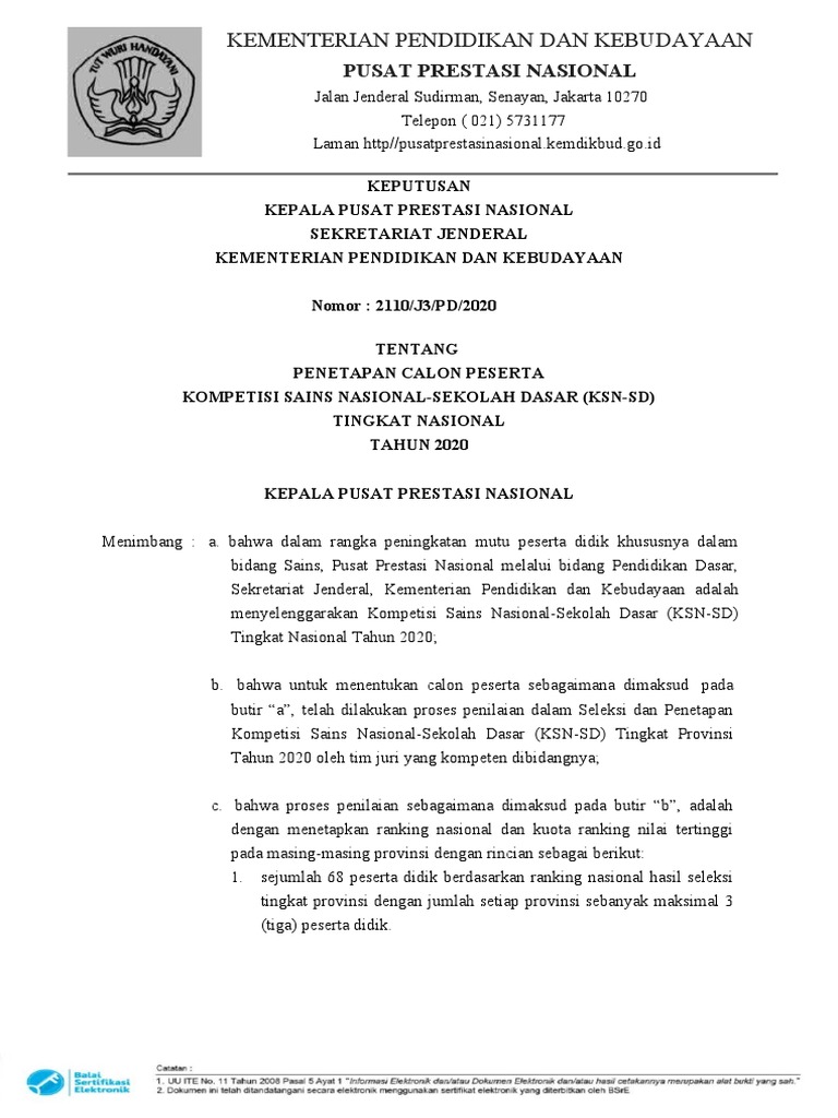 SK Peserta Nasional KSN SD | PDF