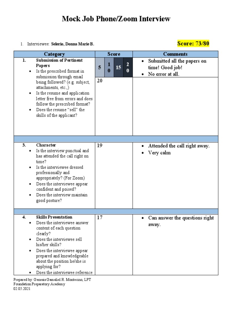 Mock Job Phone Interview Rubrics | PDF | Interview | Job Interview