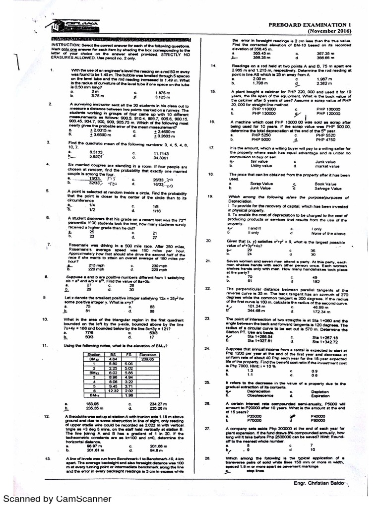 Mathematics Surveying and Transportation Engineering PE1 | PDF