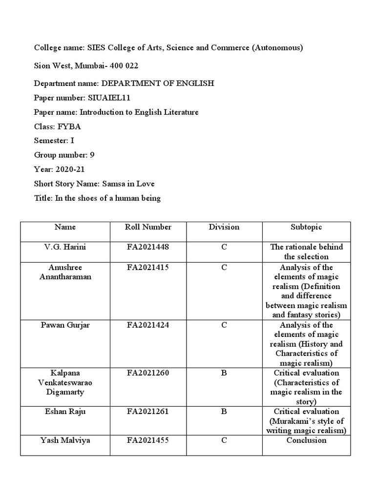 Group 9 English Literature Assignment - Samsa in Love | PDF | The ...