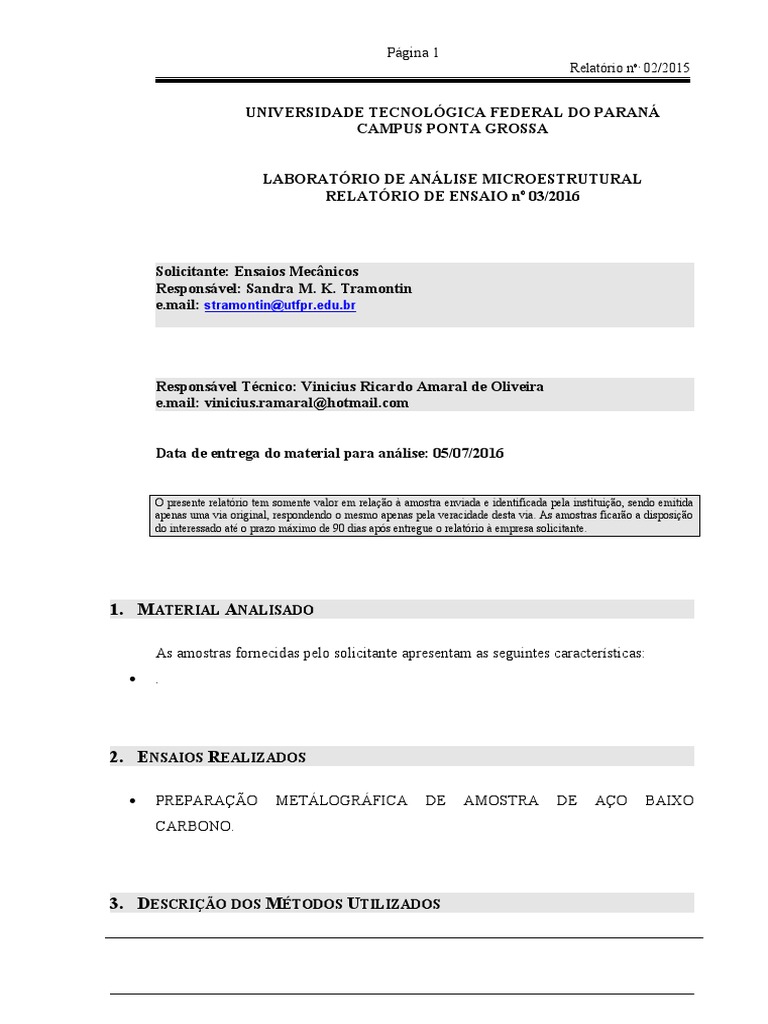 Modelo Relat Metalografia | PDF | Química | Engenharia