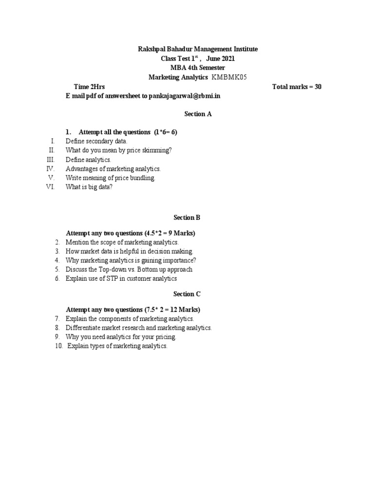 MBA Question Paper Marketing Analytics | PDF