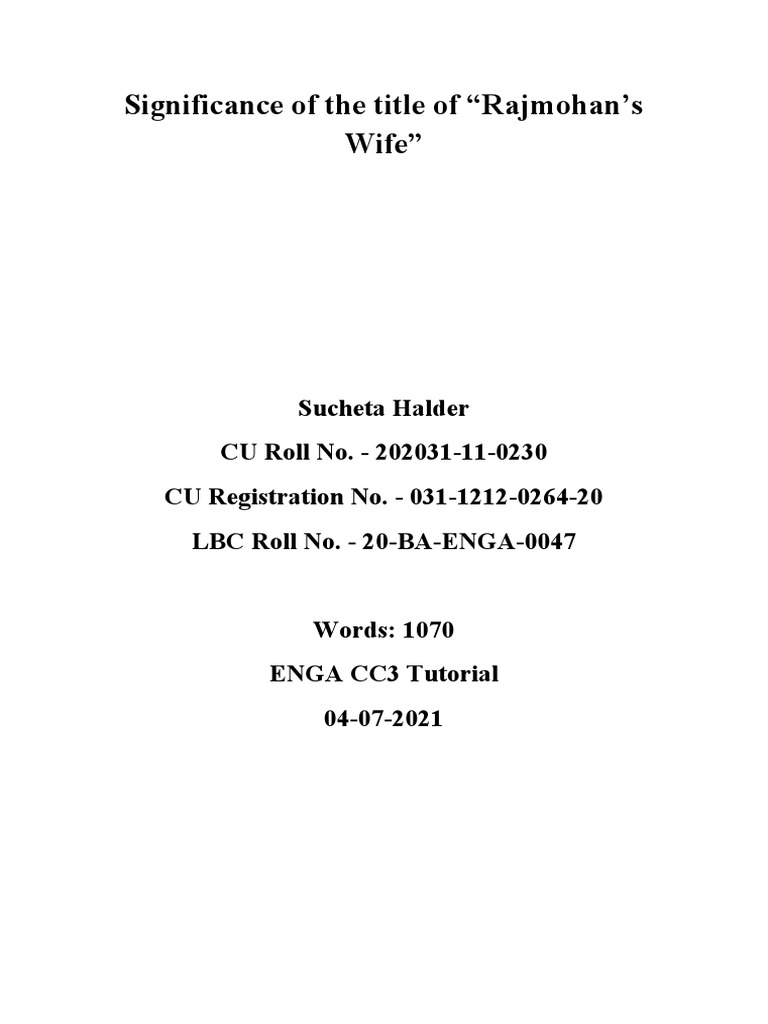 Matangini's Struggle in Rajmohan's Wife | PDF | Wife