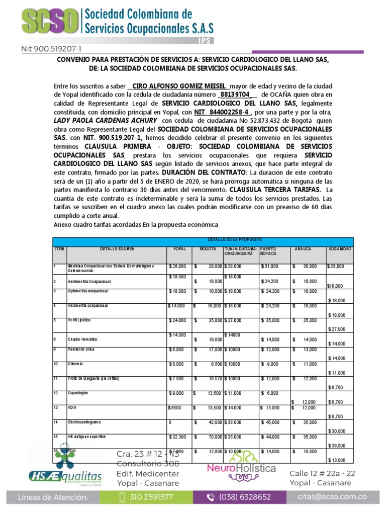 Convenio Servicios Ocupacionales Yopal | PDF | Historial médico | Derecho empresarial