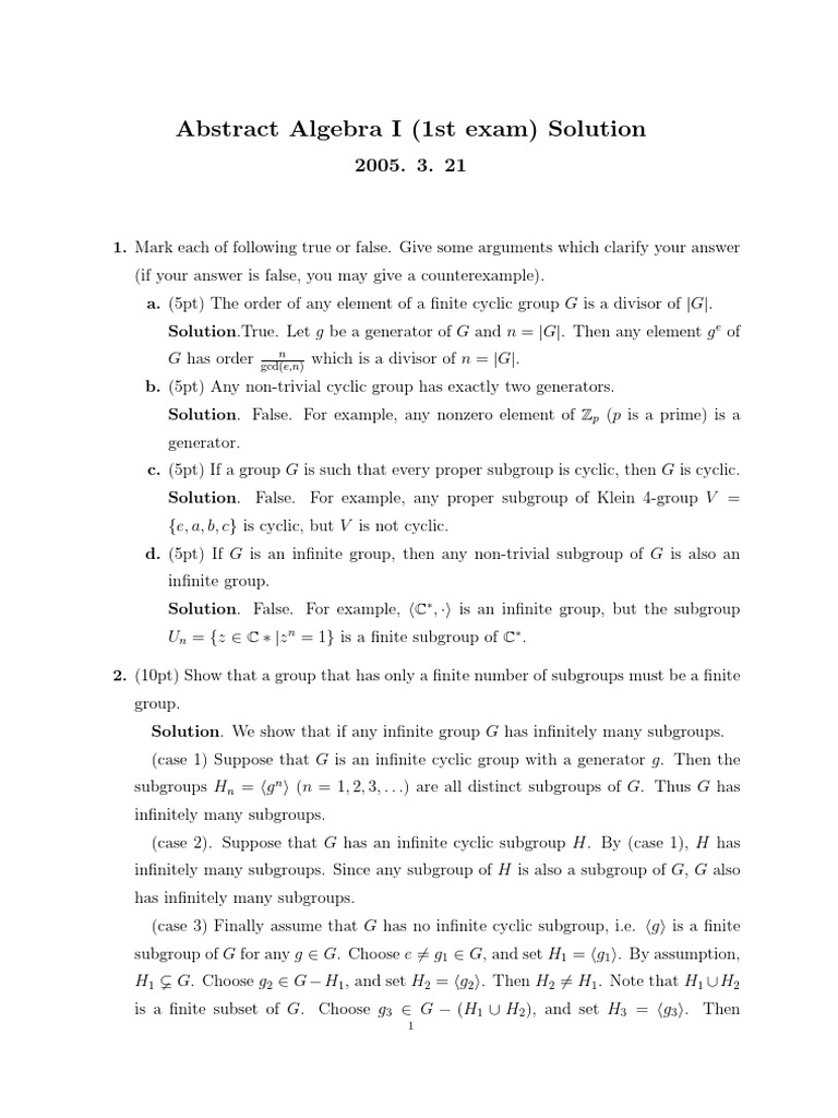 Abstract Algebra I (1st Exam) Solution | PDF | Group (Mathematics ...