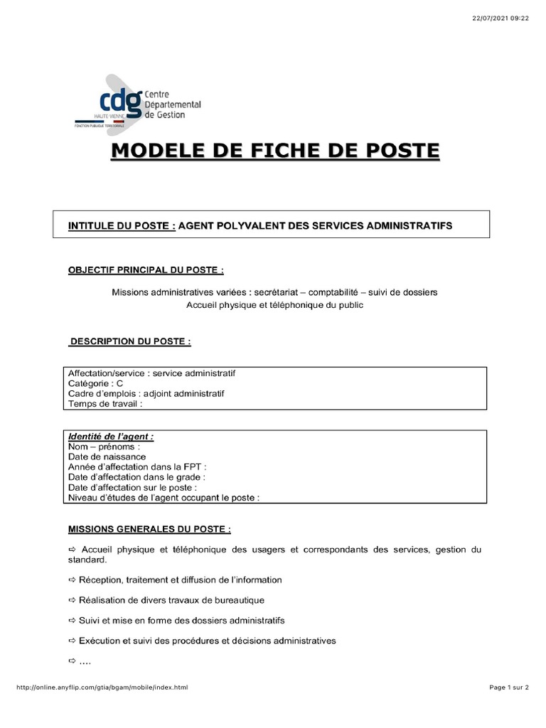 MODELE DE FICHE DE POSTE - Www. CDG 87 | PDF