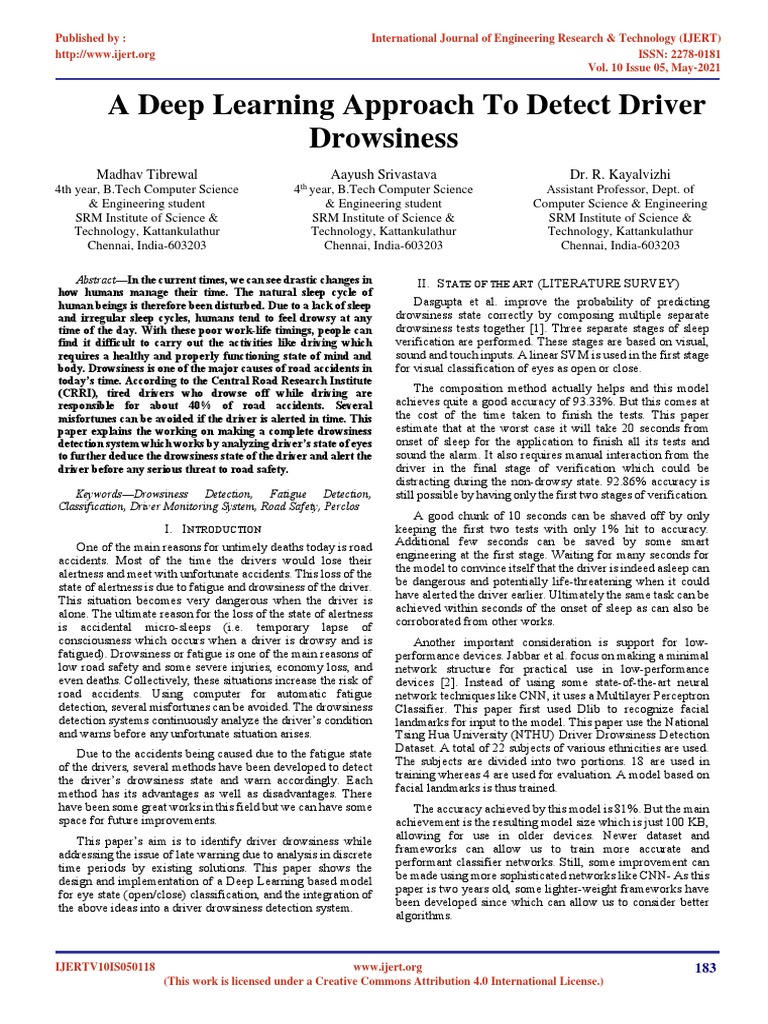 A Deep Learning Approach To Detect Driver Drowsiness Ijertv10is050118