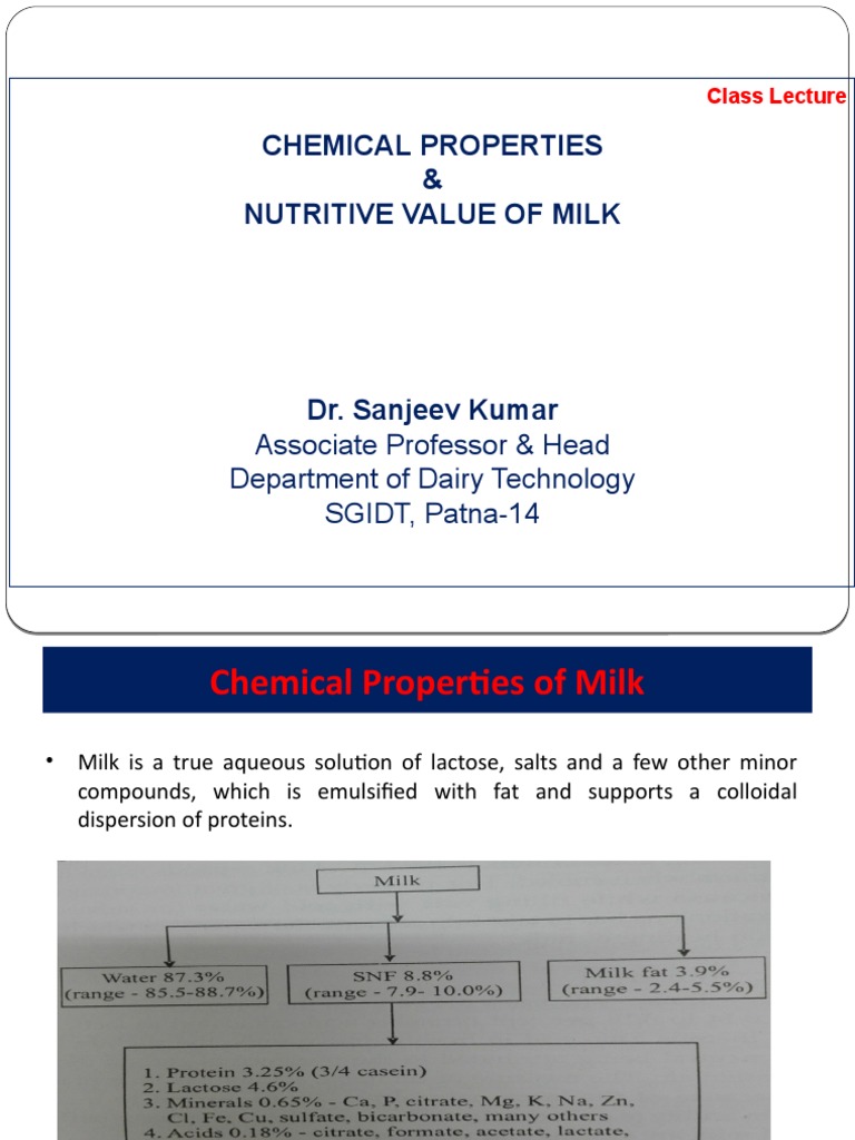 Chemical Properties and Composition of Milk | PDF | Milk | Fat