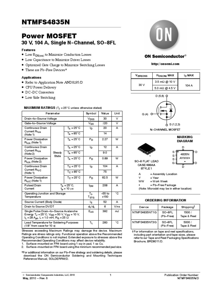 NTMFS4835NT1G - Power MOSFET 30 V, 104 A, Single N−Channel, SO−8FL - ON Semiconductor | Mosfet ...