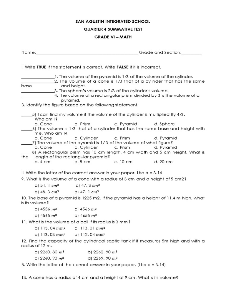 Assessing Geometric Volumes: A Summative Test on Calculating Volumes of ...