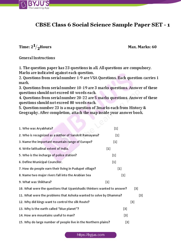 CBSE Class 6 Social Science Sample Paper SET 1 | PDF | Science ...