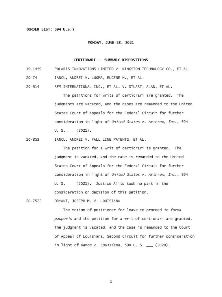 SCOTUS Order List 2021-06-28 | PDF | Certiorari | Supreme Court Of The ...