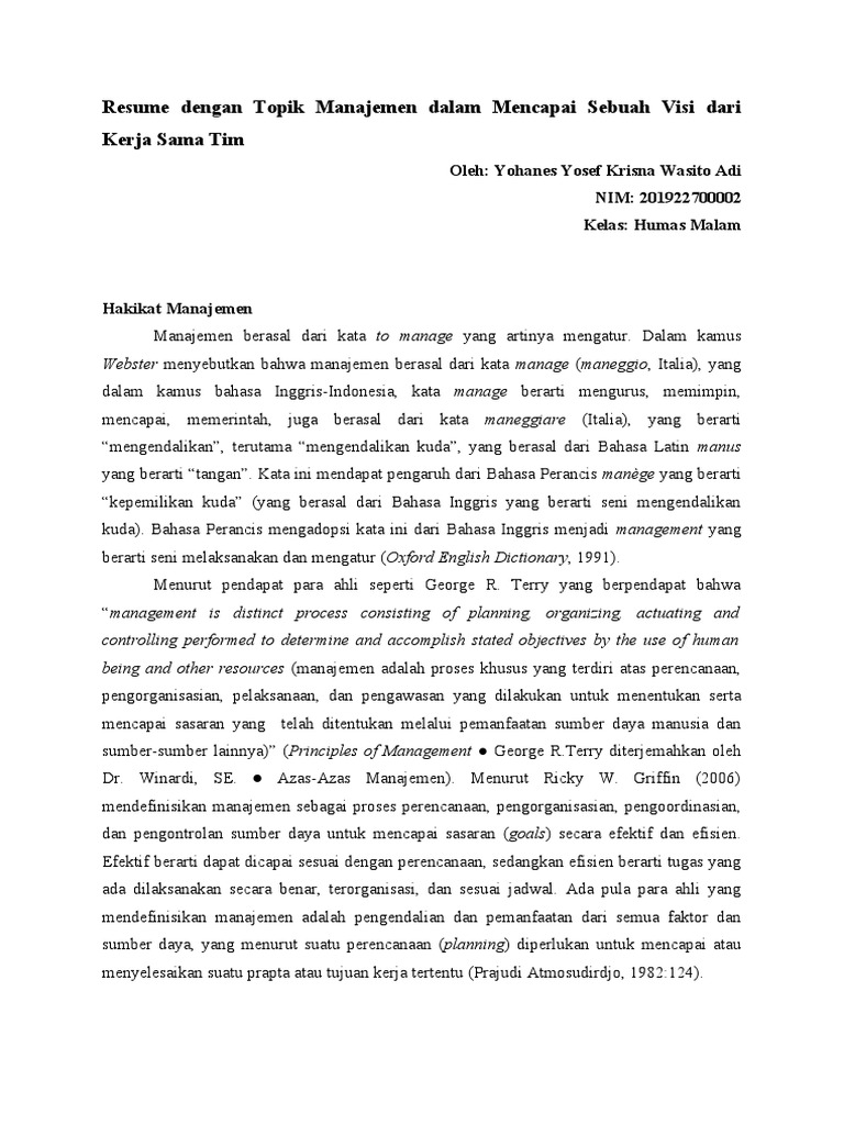 Resume Manajemen Dalam Mencapai Sebuah Visi Dari Kerja Sama Tim | PDF