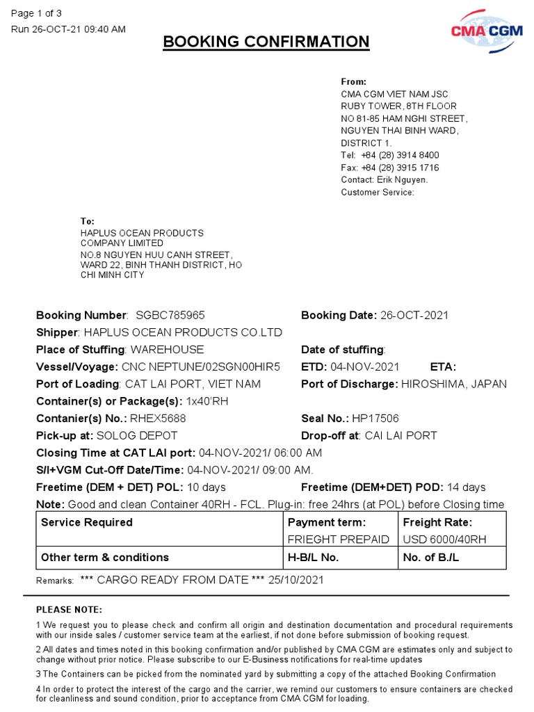 Booking Confirmation | PDF | Bill Of Lading | Cargo