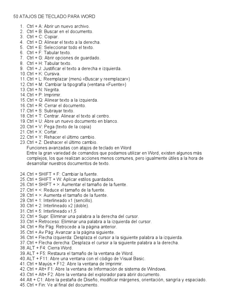50 Atajos De Teclado Para Word Pdf Ventana Informática