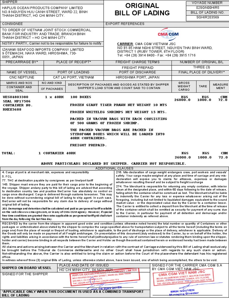 Carrier: Cma CGM Vietnam JSC | Download Free PDF | Cargo | Bill Of Lading
