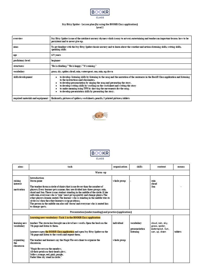 Itsy Bitsy Spider - Lesson Plan (By Using The BOOKR Class Application ...