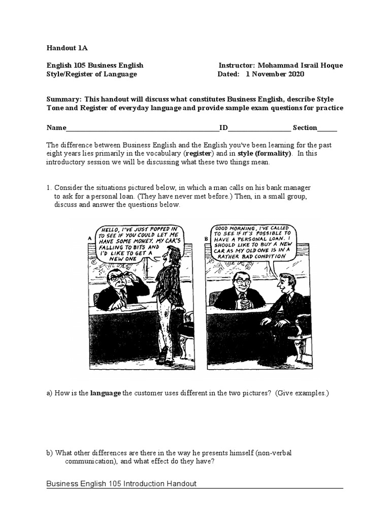 Eng 105 Handout 1+ HW (Style, Tone, Register, Formal Language) | PDF ...