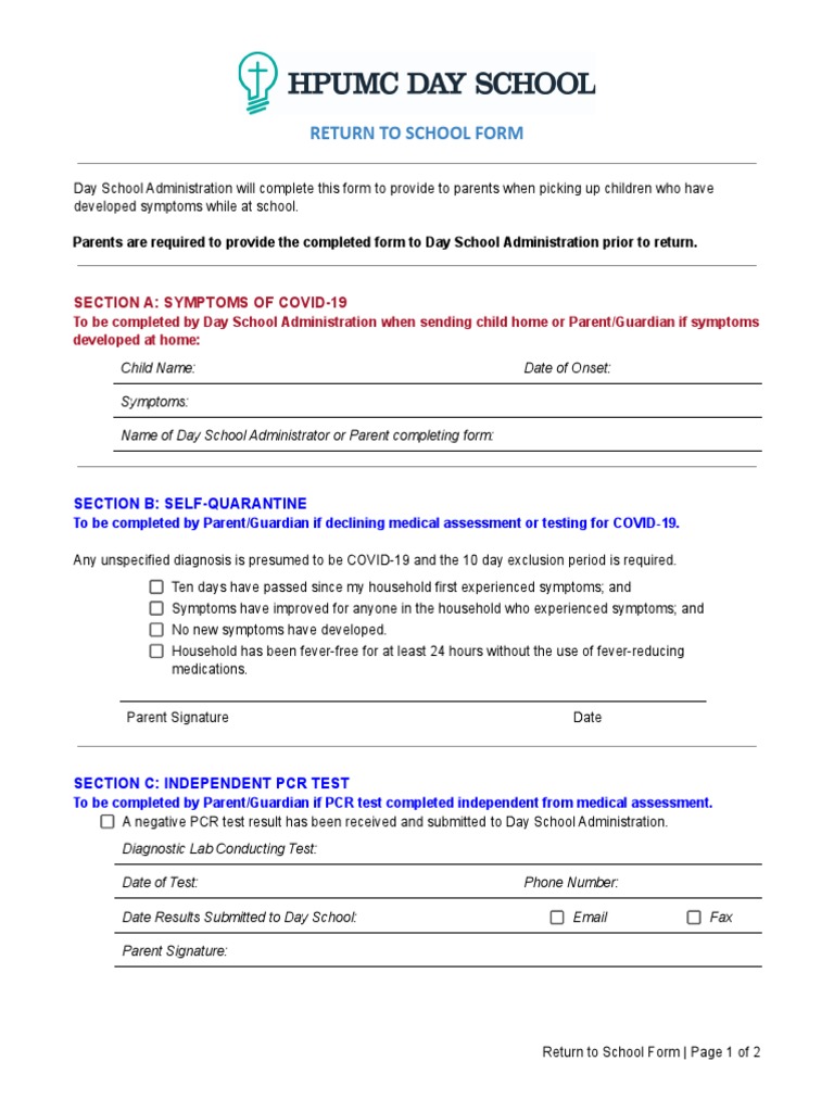 Return To School Form | PDF | Health Sciences