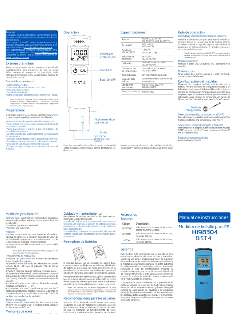 Manual en Español Del HI98304 | PDF | Calibración | Medición