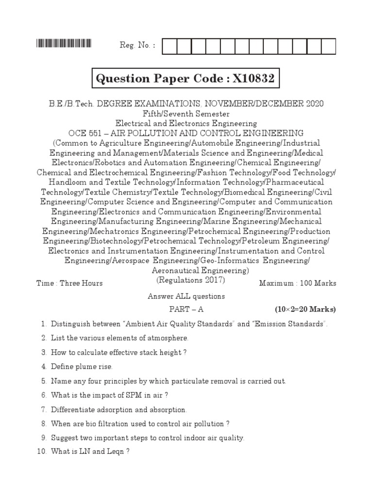 Air pollution control engineering exam question paper | PDF | Air ...