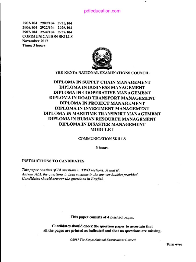 Communication Skills KNEC Past Papers Nov 2017 | PDF