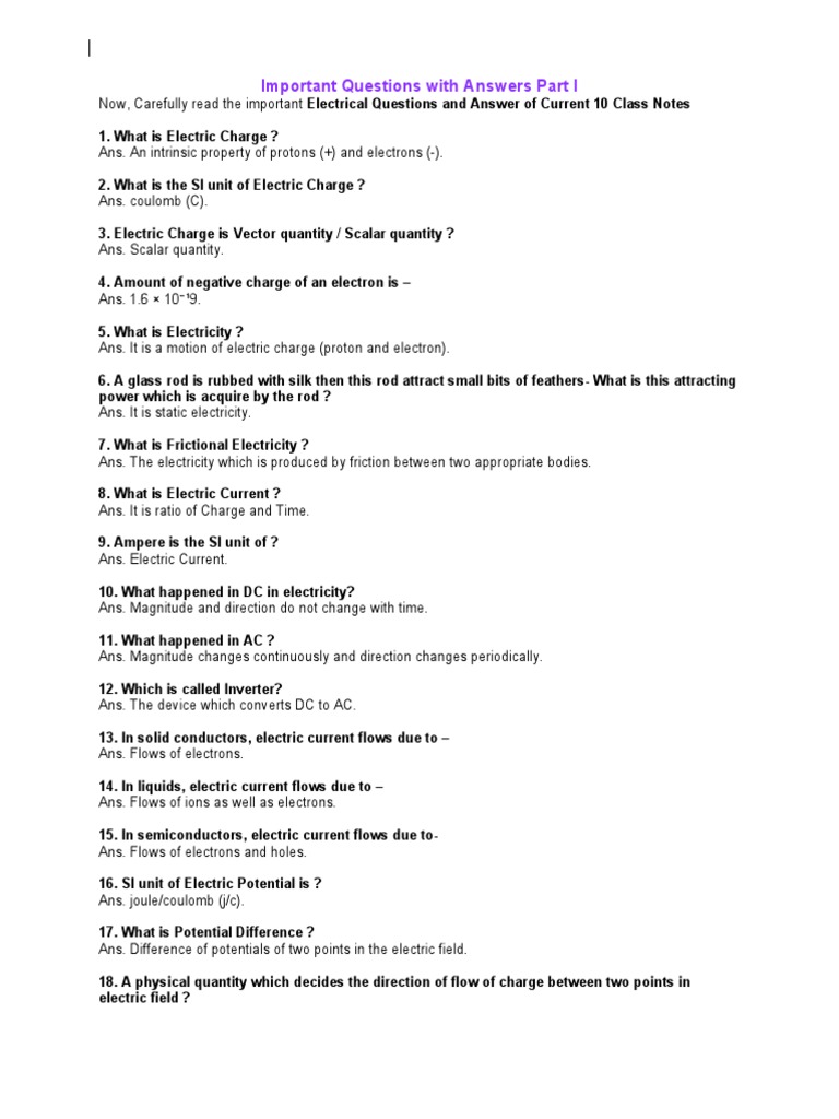 Important Questions With Answers Part I | PDF | Electrical Resistance ...