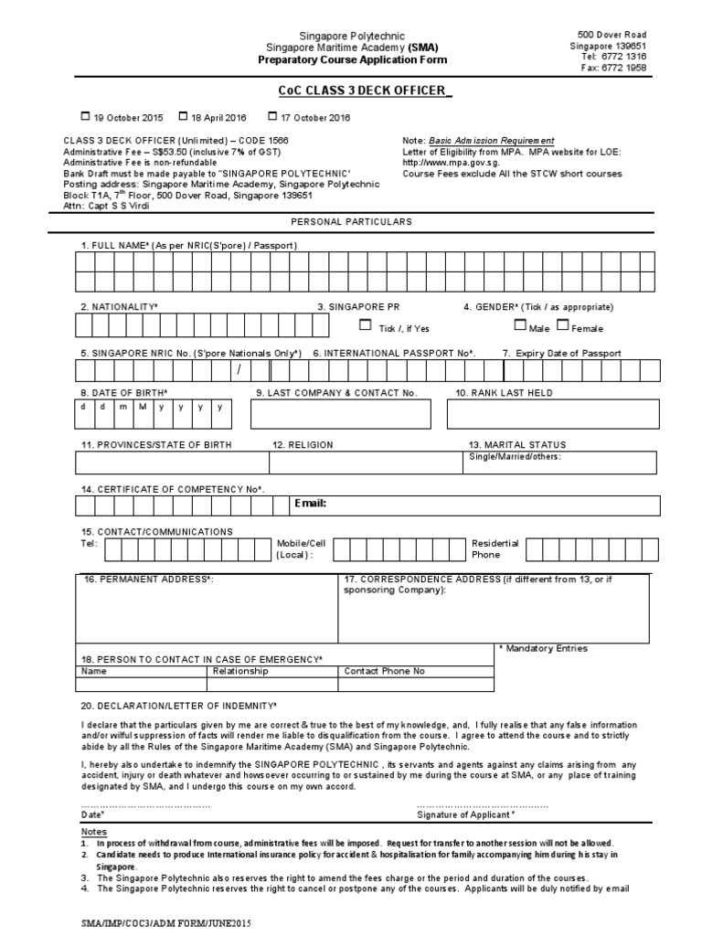 Coc Class 3 Deck Officer - : Preparatory Course Application Form ...
