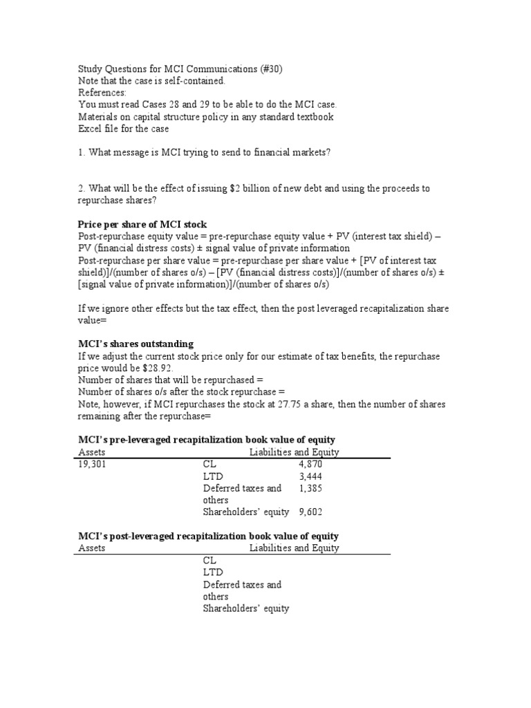 Assignment For MCI | PDF | Equity (Finance) | Book Value