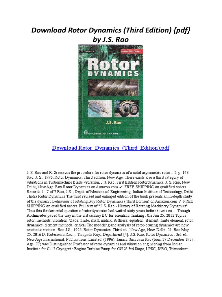 Rotor Dynamics (Third Edition) (PDF) by J.S. Rao | PDF